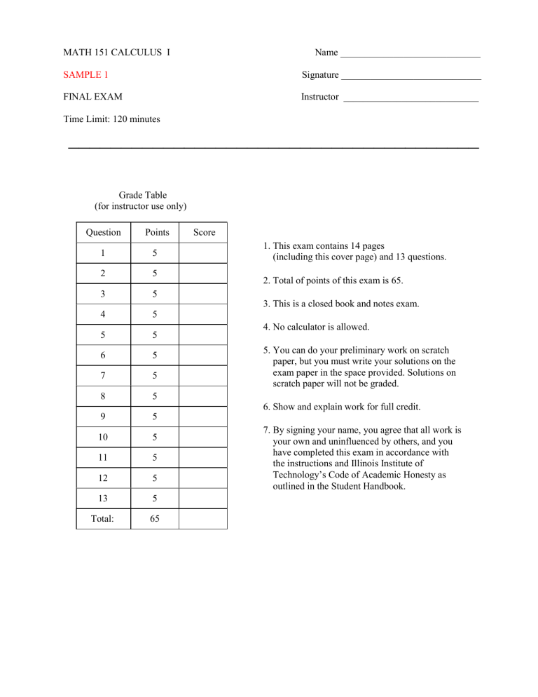 MATH 151 Calculus I Final Exam