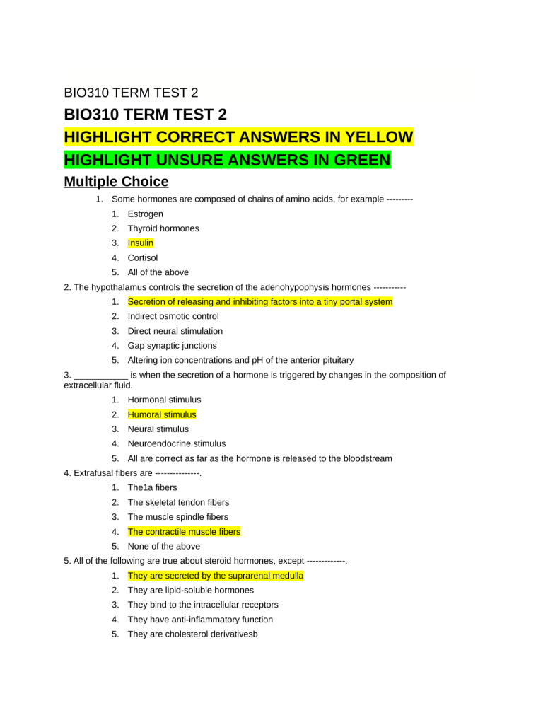 BIO310 Biology Term Test 2