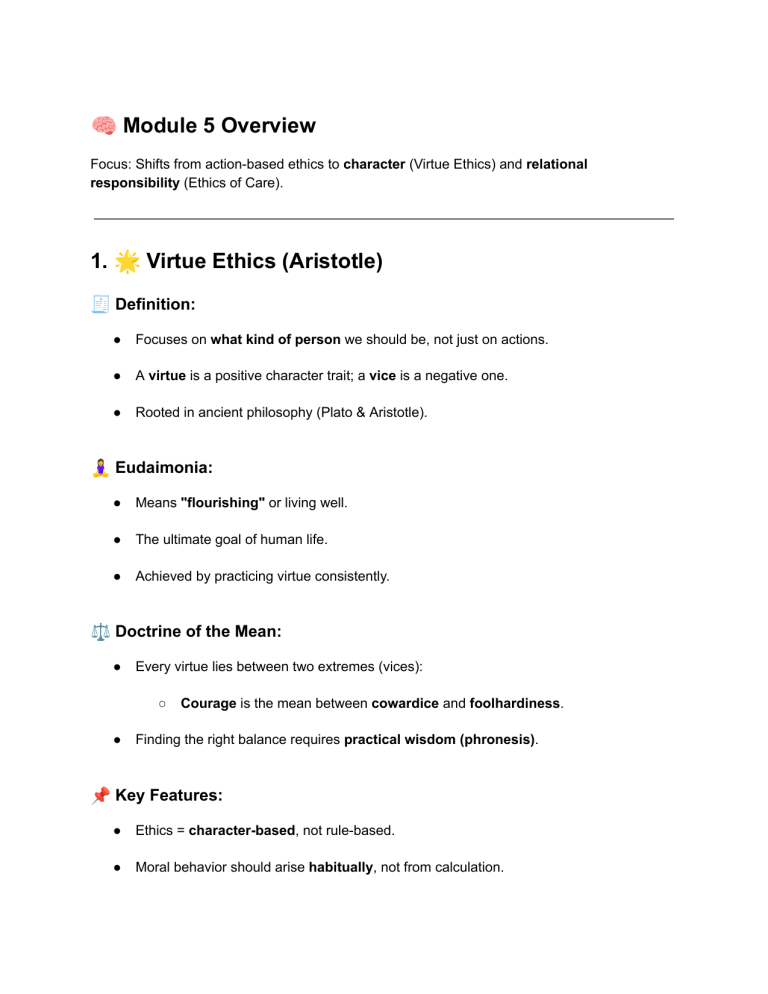 Virtue & Care Ethics Study Guide