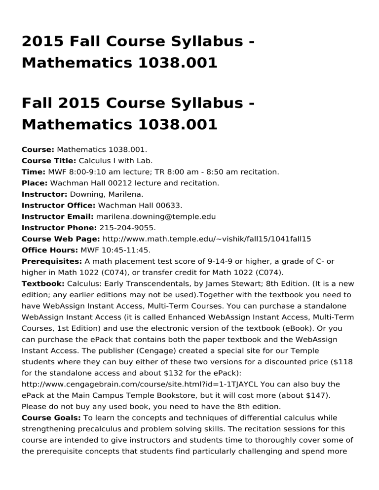 Math 1038 Calculus I Syllabus Fall 2015 Temple University