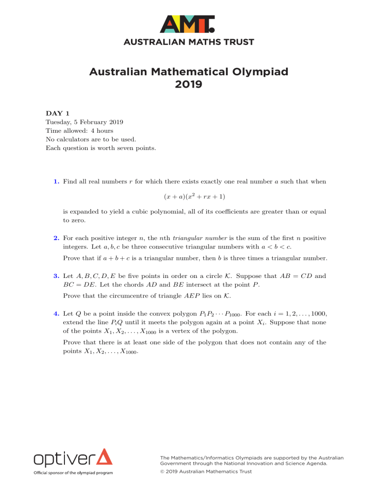 2019 Australian Mathematical Olympiad Day 1 Problems