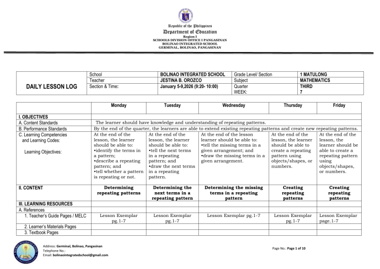 Grade 1 Math Lesson Plan on Repeating Patterns