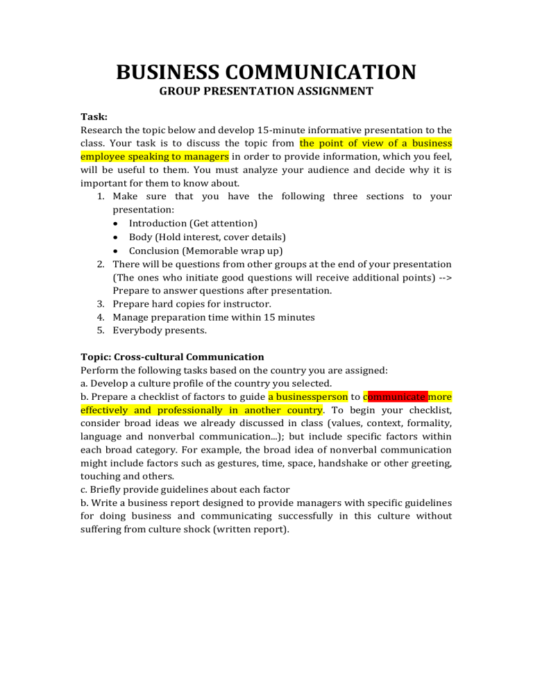 Cross-Cultural Communication Assignment