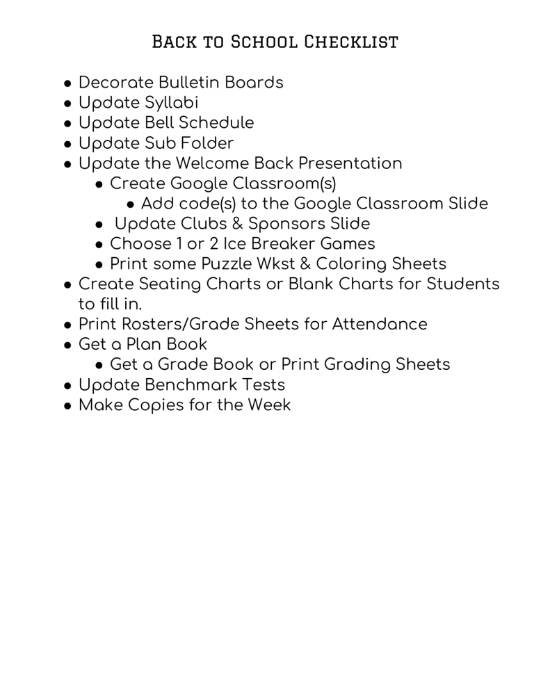 Teacher's Back to School Checklist
