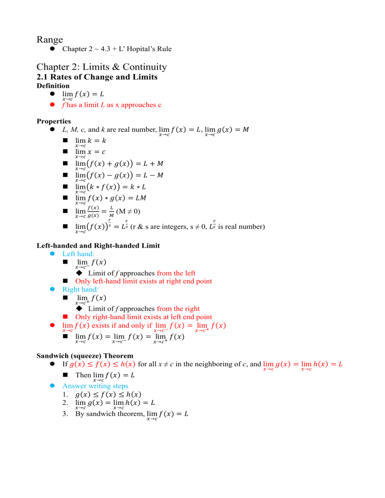 Calculus Study Guide: Limits to L'Hopital's Rule