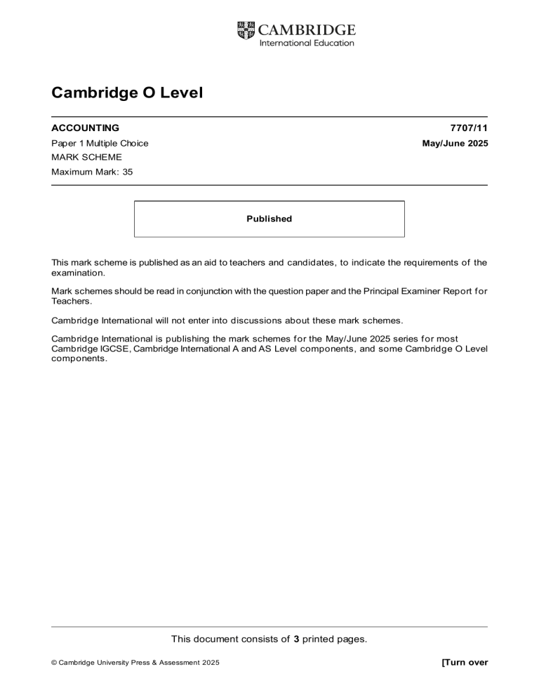 Cambridge O Level Accounting 7707/11 Mark Scheme 2025