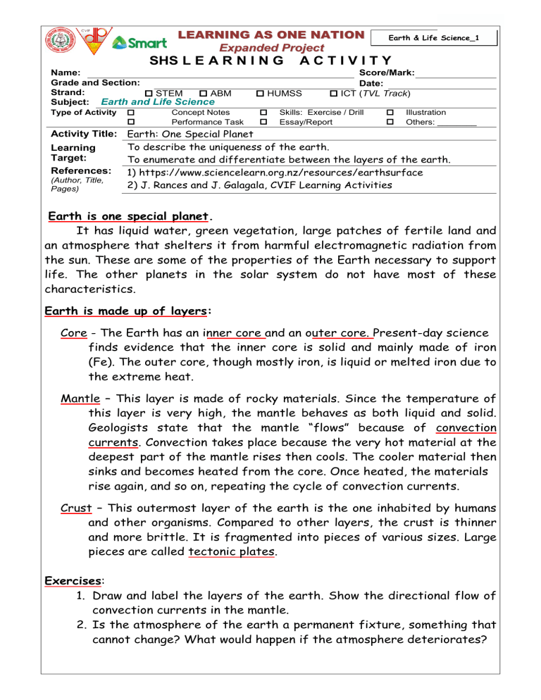 Earth Layers: SHS Activity Sheet