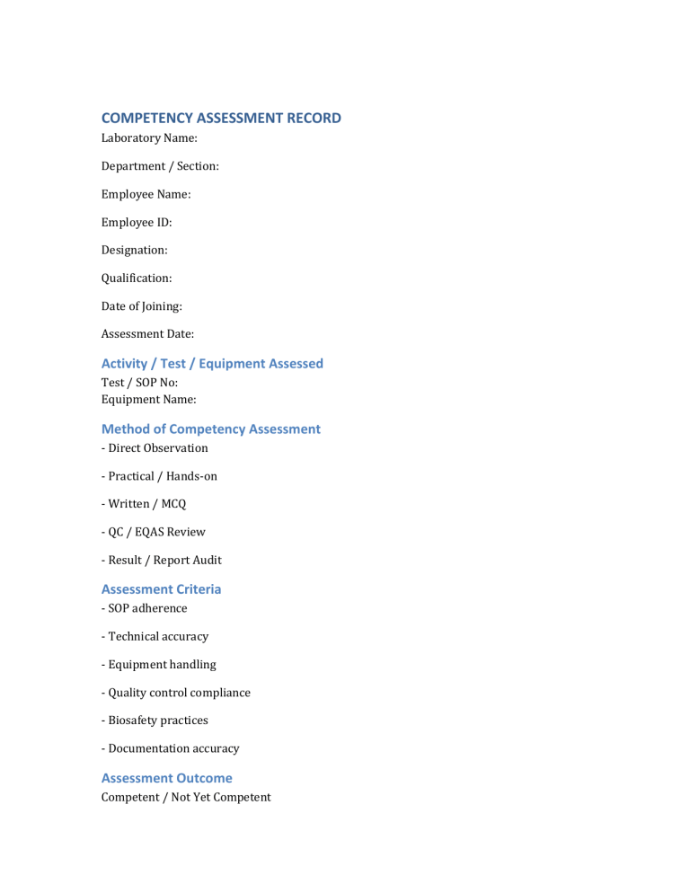 Laboratory Competency Assessment Form Template