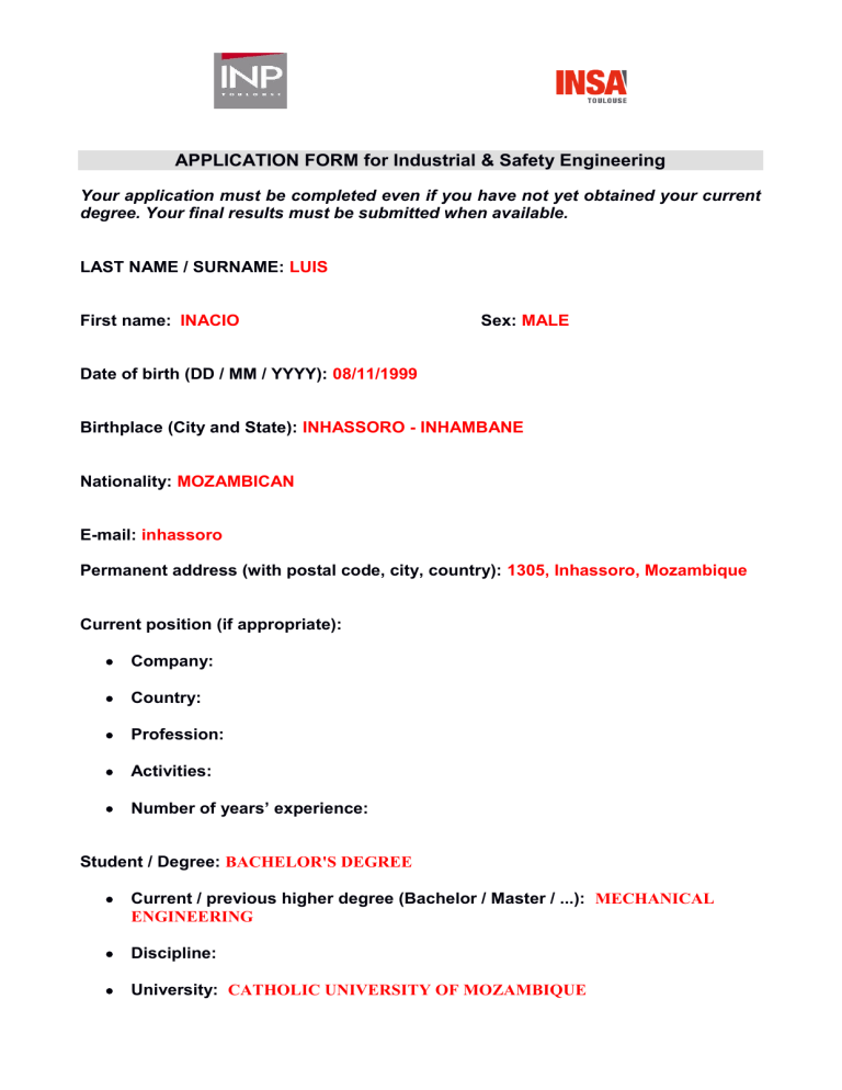 Industrial & Safety Engineering Master's Application