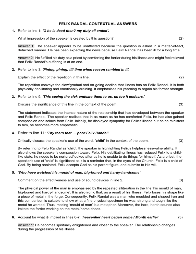 Felix Randal Study Guide Q&A