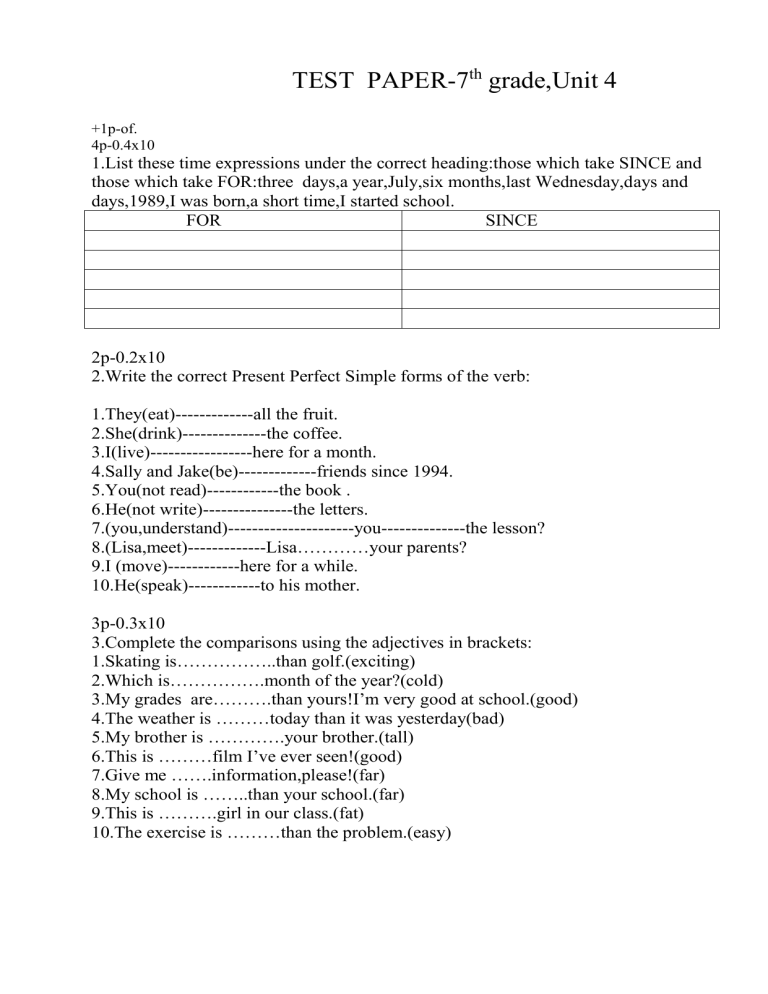7th Grade English Grammar Test on Present Perfect