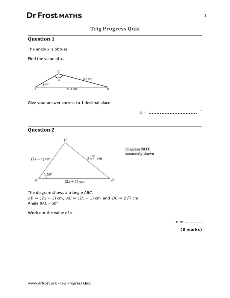 Trigonometry Progress Quiz with Answers