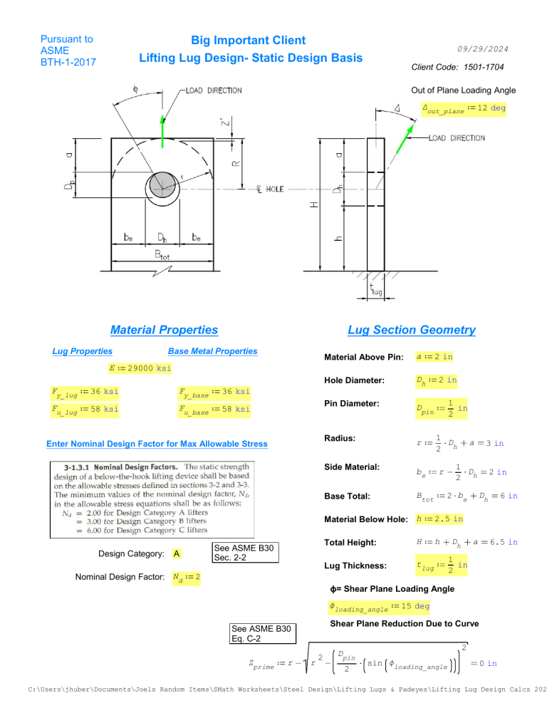 ASME BTH-1 Lifting Lug Design Calculation