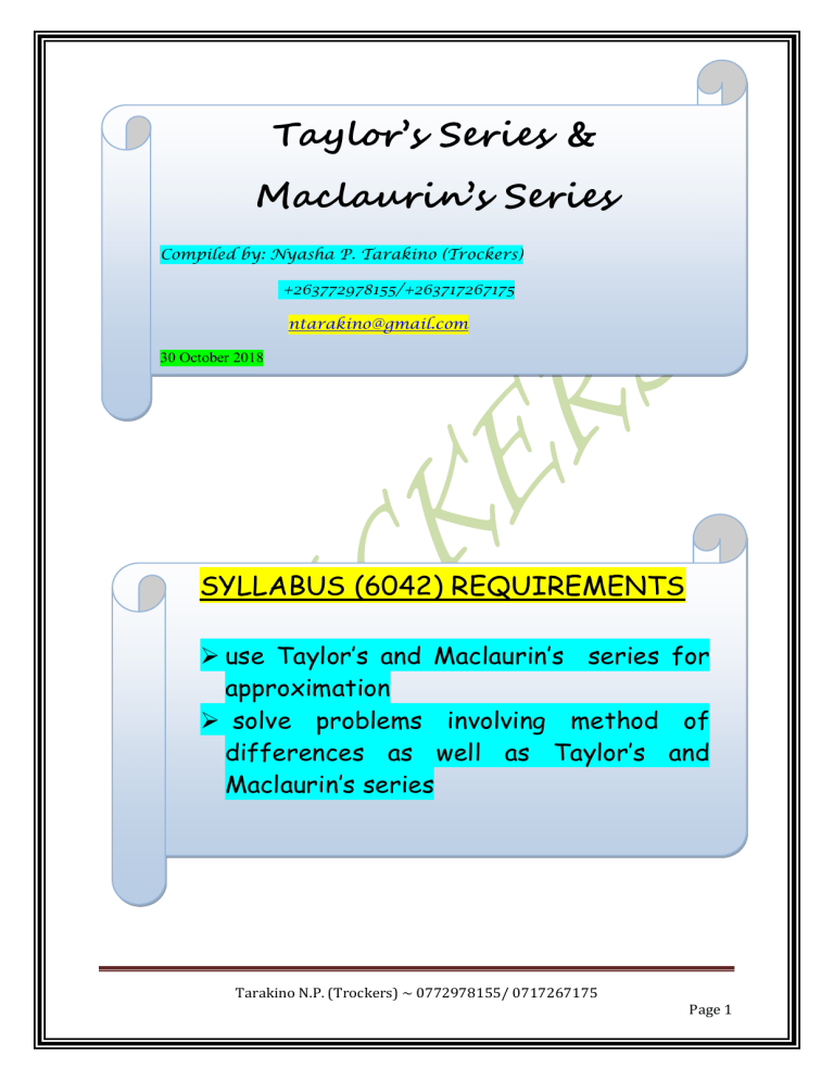 Taylor & Maclaurin Series: Notes & Examples