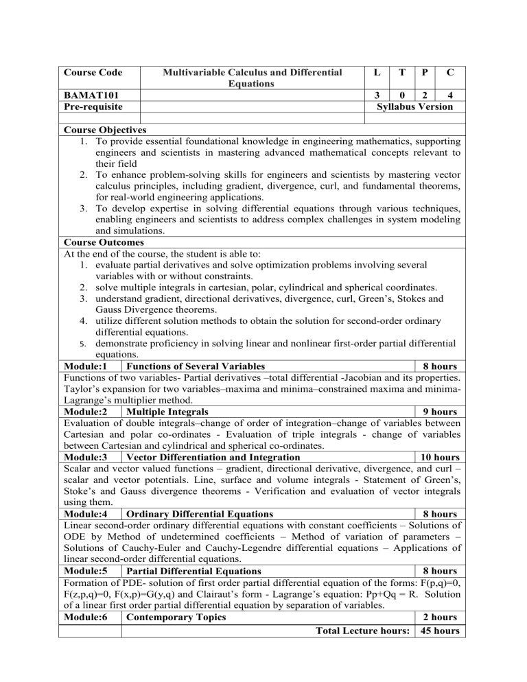 BAMAT101 Advanced Engineering Mathematics Syllabus