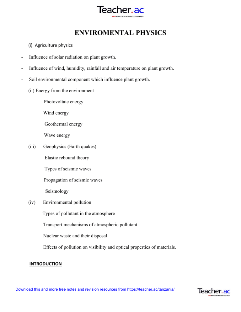 Environmental Physics Notes: Agriculture, Energy, Geophysics
