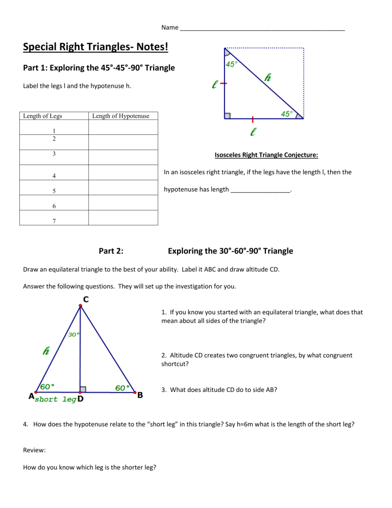 Special Right Triangles Worksheet