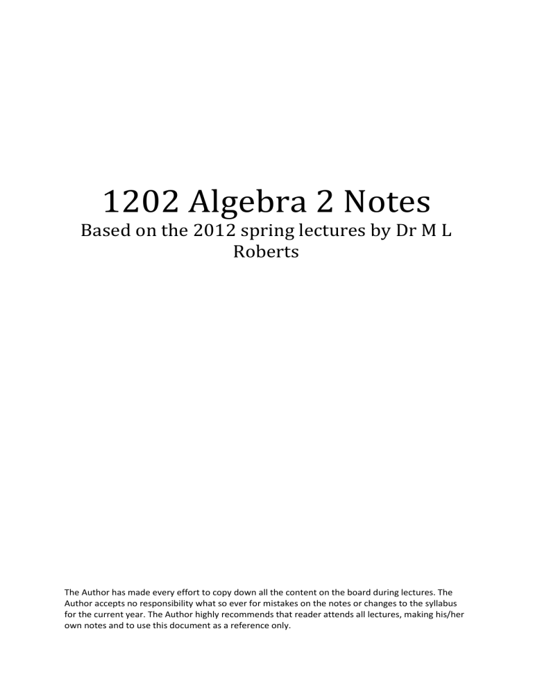 Algebra 2 Lecture Notes by Dr. Roberts