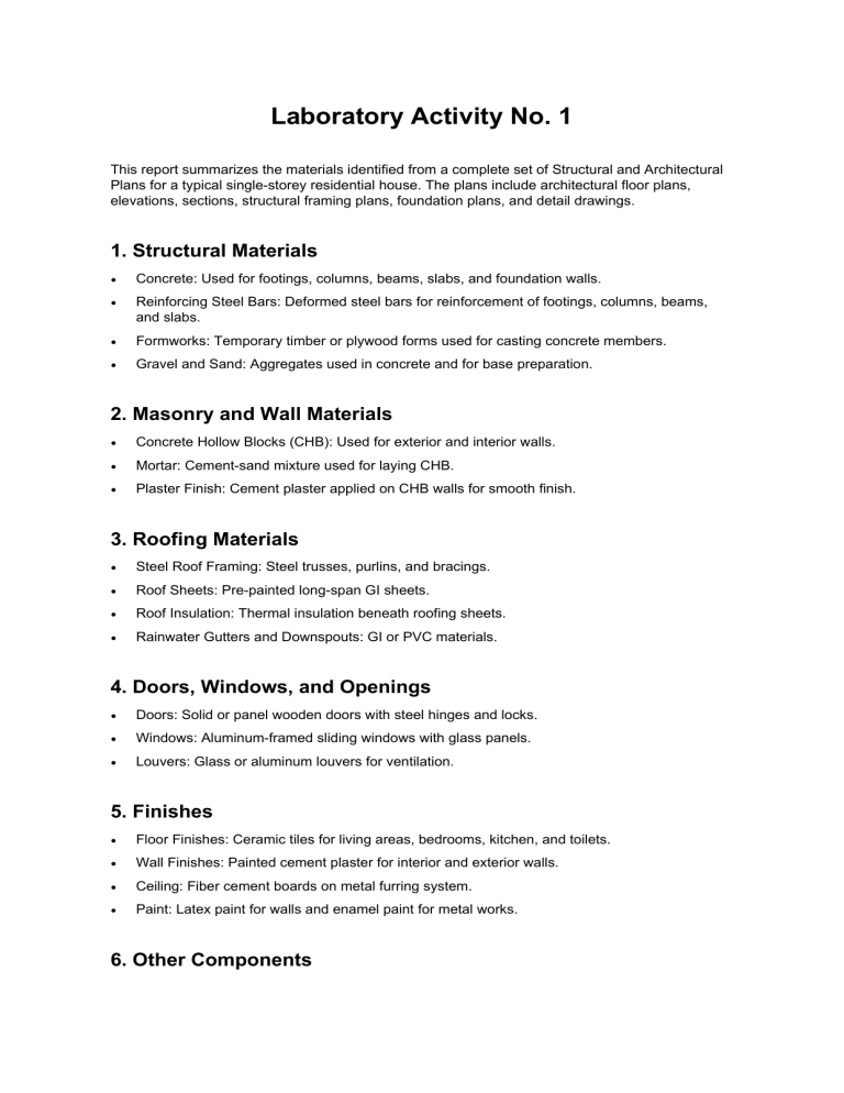 Laboratory Activity No 1 Materials Summary