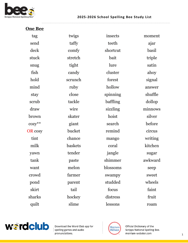 2025-2026 School Spelling Bee Study List Words