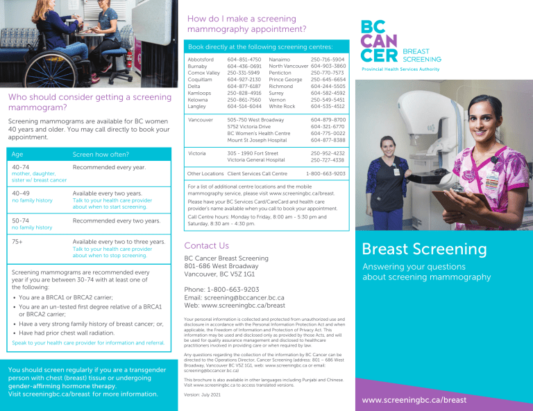 BC Cancer Breast Screening Mammogram Guide