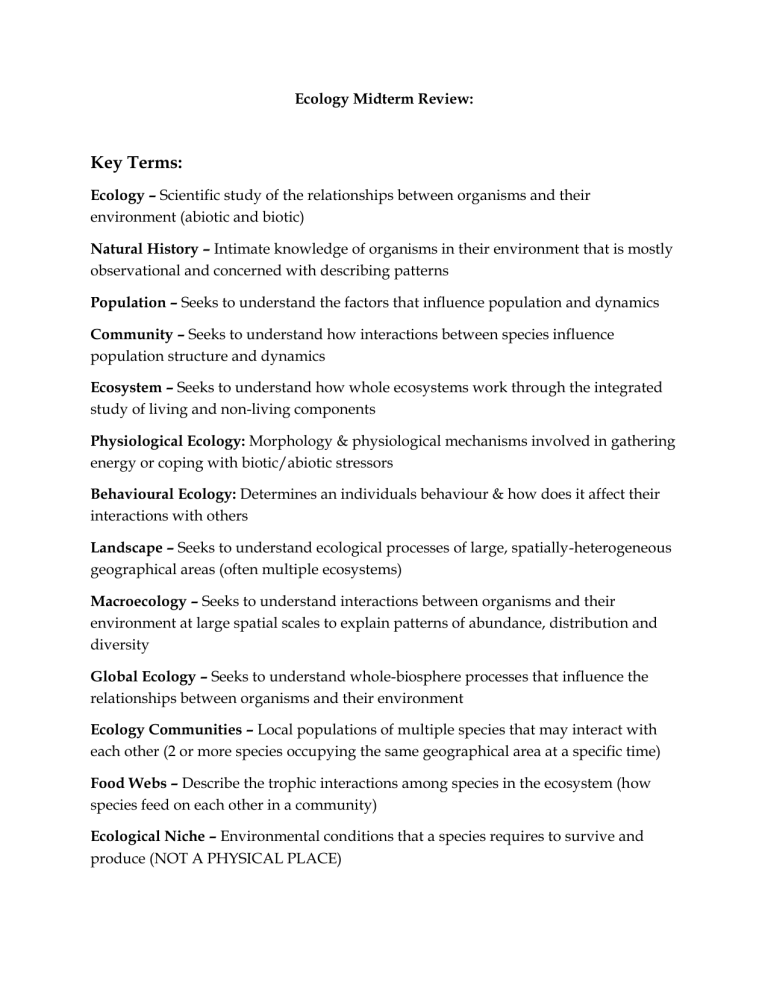 Ecology Midterm Review Guide