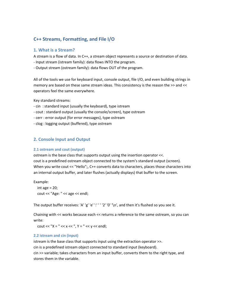 C++ Streams and File I/O Guide