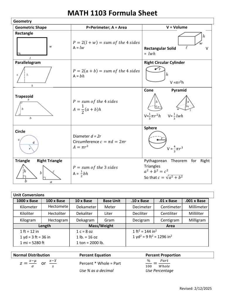 MATH 1103 Formula Sheet | Geometry, Finance & Equations