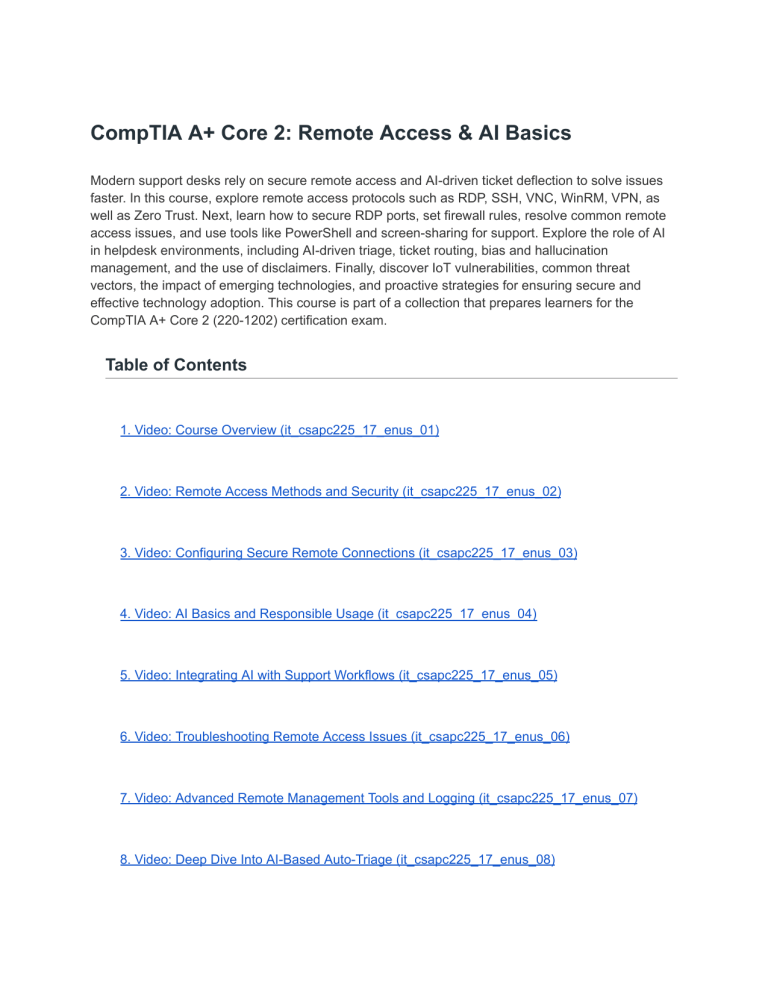 CompTIA A+ Core 2: Remote Access & AI Basics