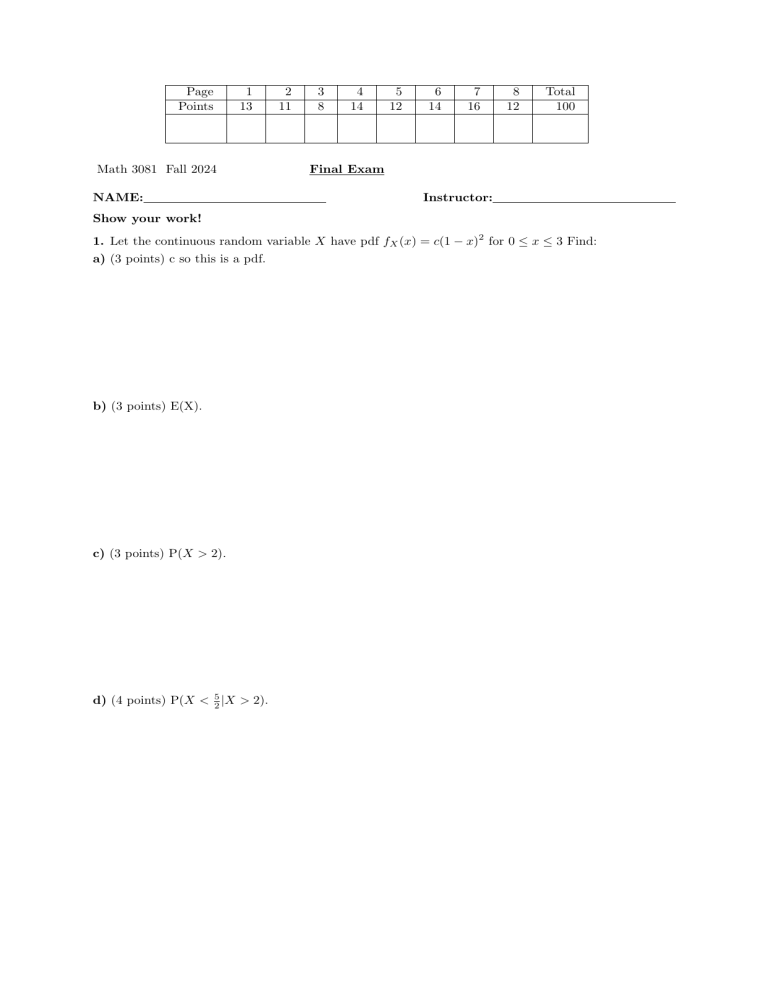 Math 3081 Probability & Statistics Final Exam
