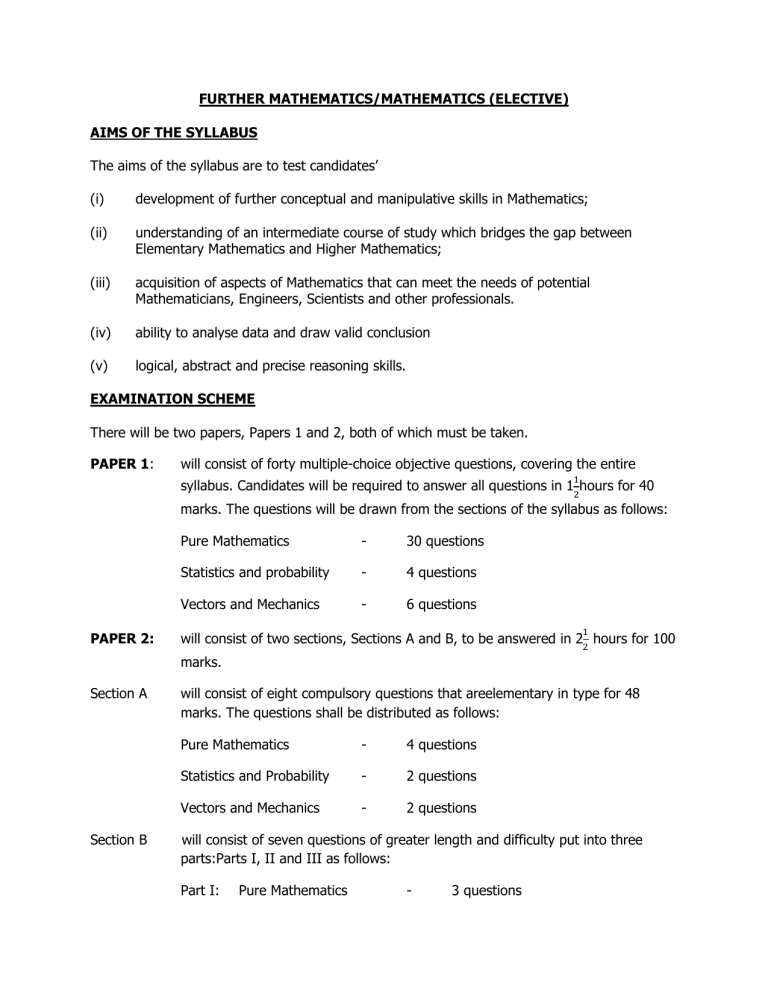 Further Mathematics Syllabus & Exam Guide