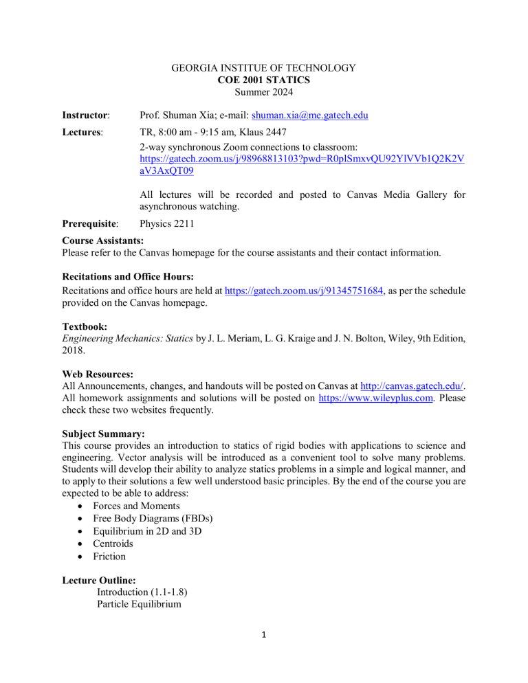 Georgia Tech COE 2001 Statics Syllabus Summer 2024