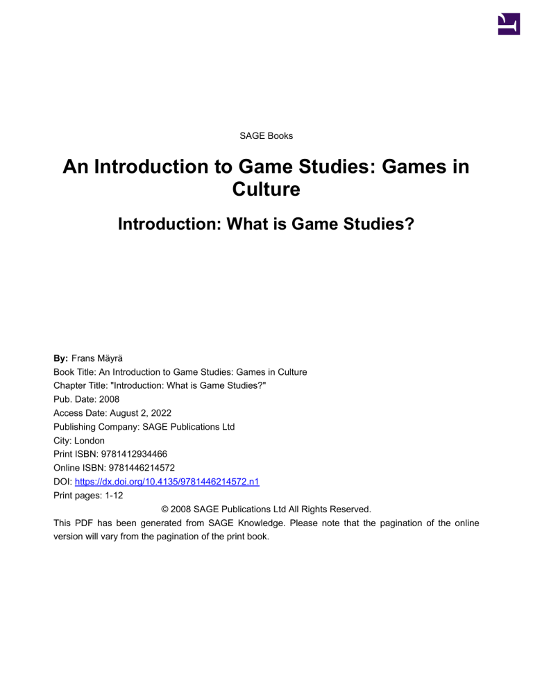 An Introduction to Game Studies: Games in Culture