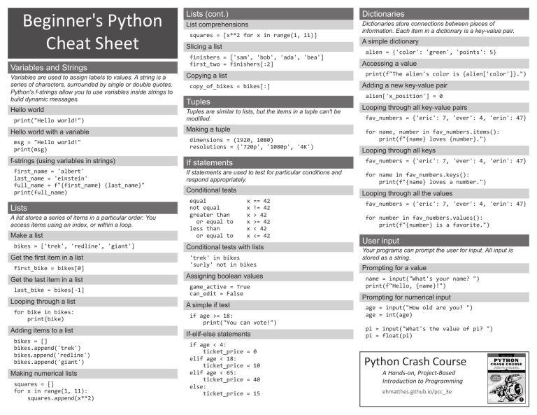 Beginner's Python Cheat Sheet - Variables, Lists, Dictionaries