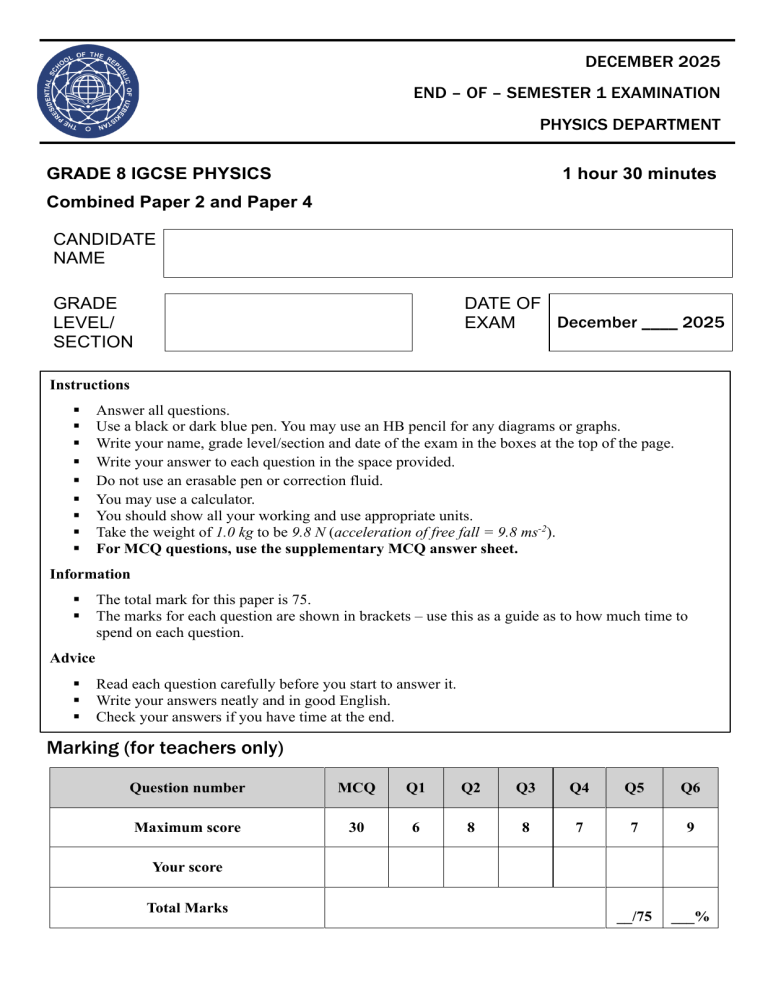 Grade 8 IGCSE Physics Exam Paper 2025