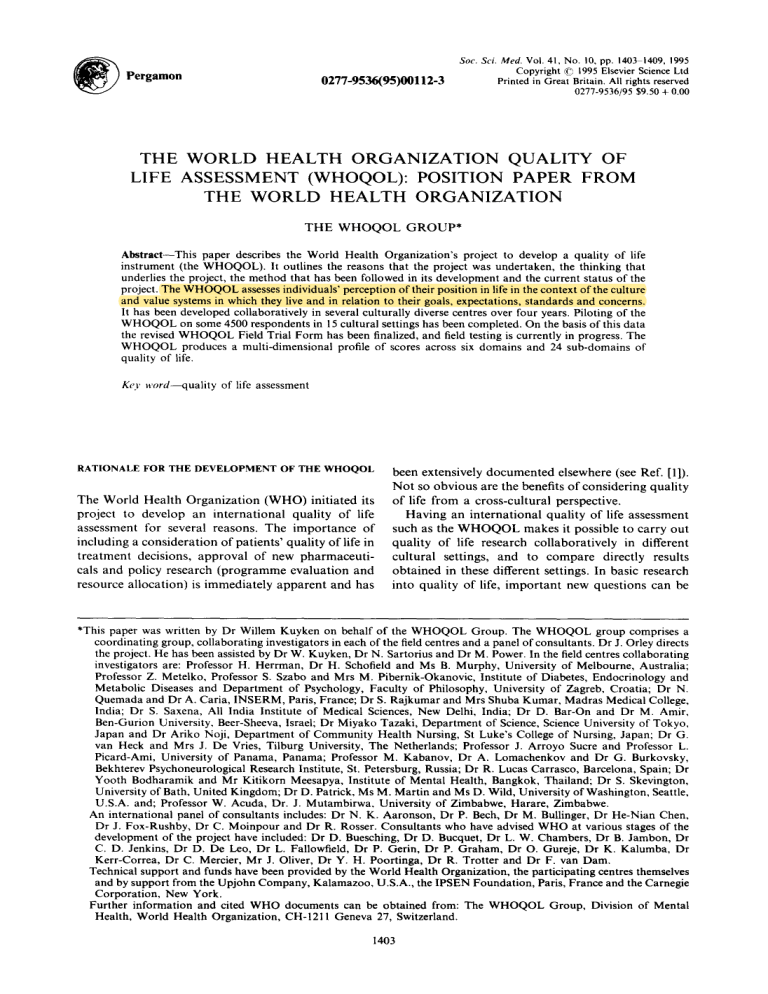 WHOQOL: Development of WHO's Quality of Life Instrument
