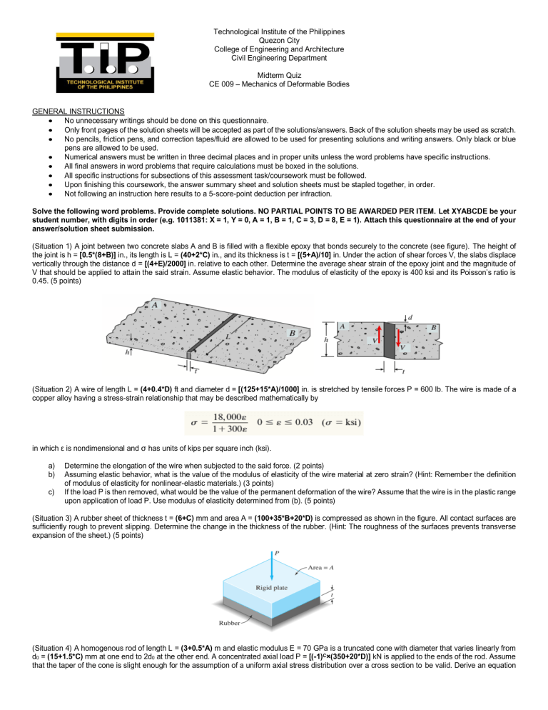 Civil Engineering Mechanics of Deformable Bodies Midterm