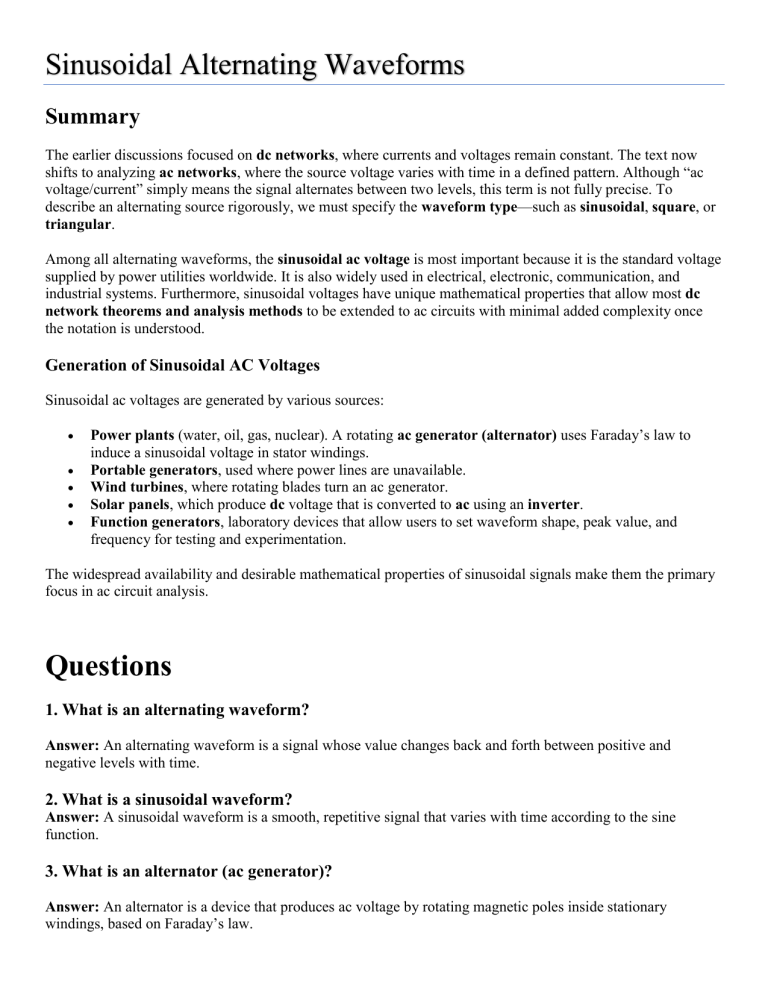 Sinusoidal Alternating Waveforms in AC Circuits
