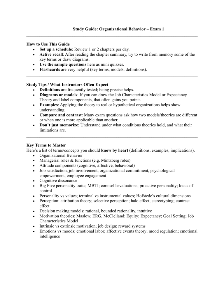 Organizational Behavior Exam 1 Study Guide