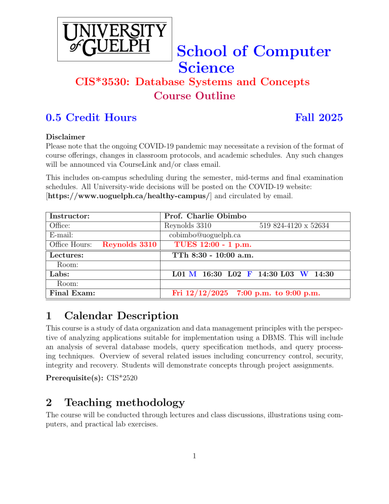 CIS*3530 Database Systems Course Outline