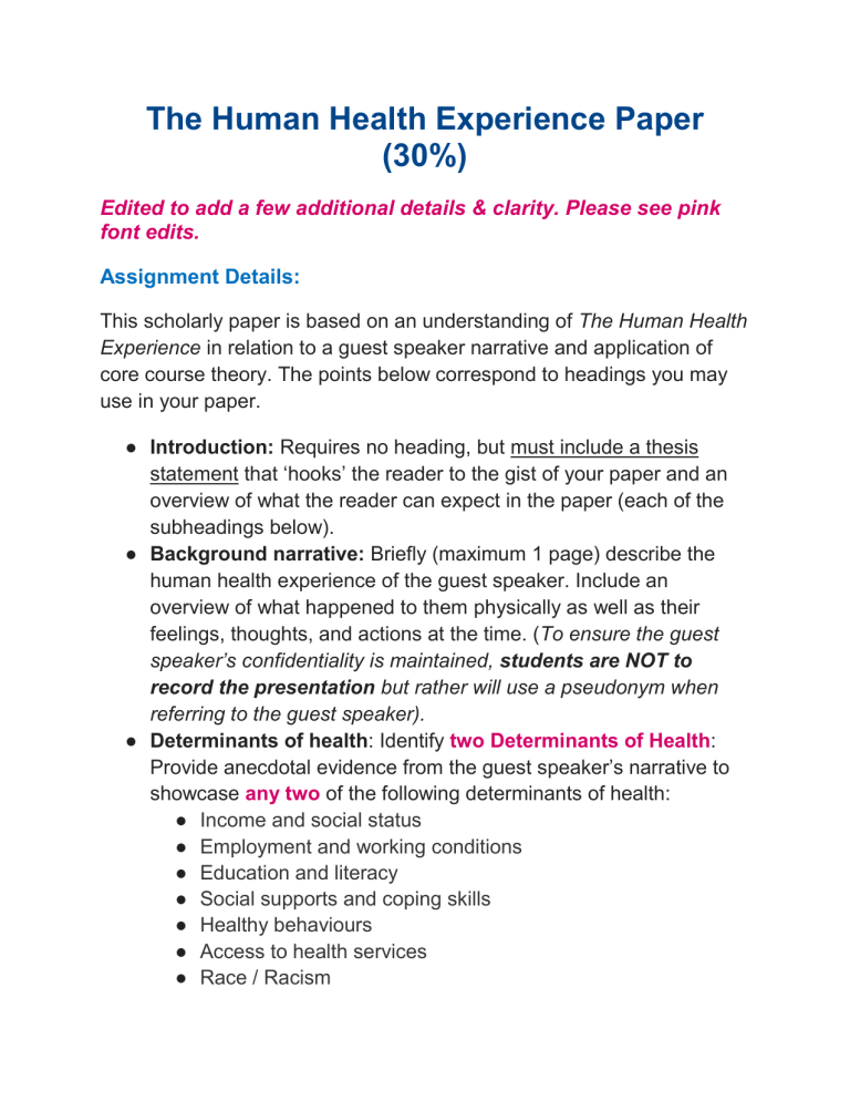 Human Health Experience Paper Assignment
