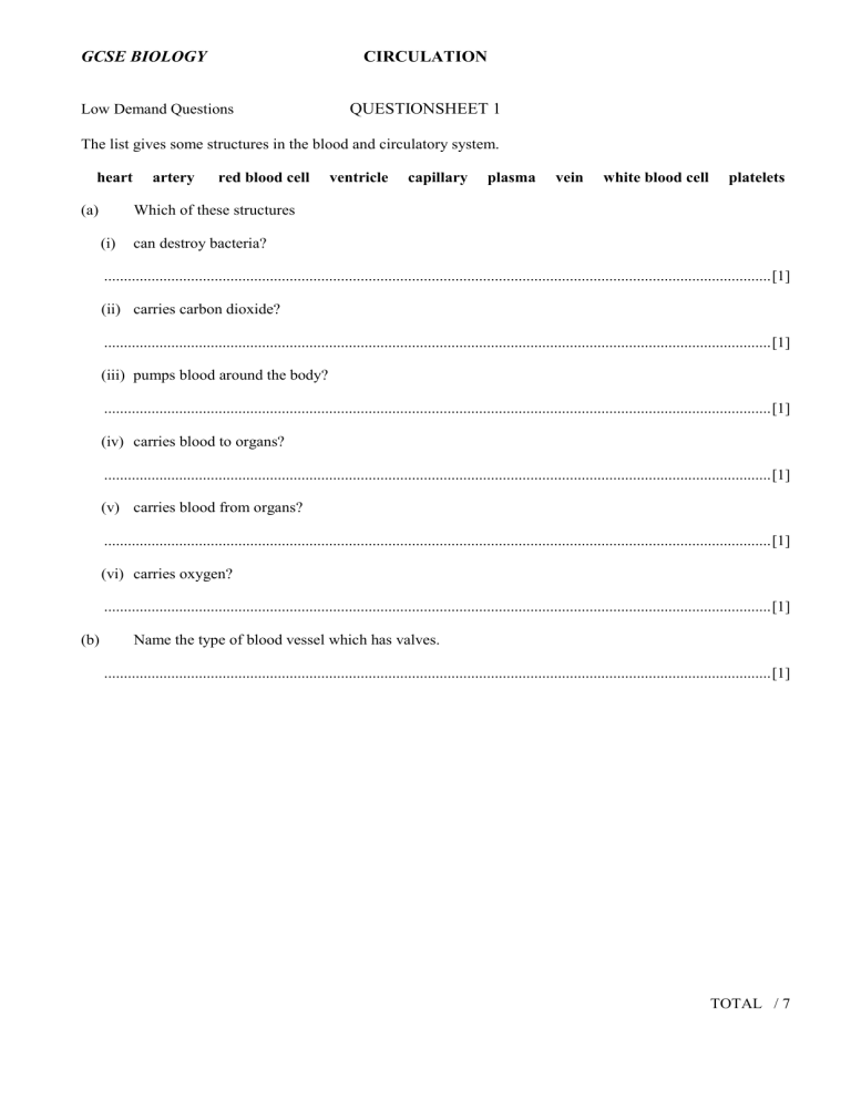 GCSE Biology Circulation Questions