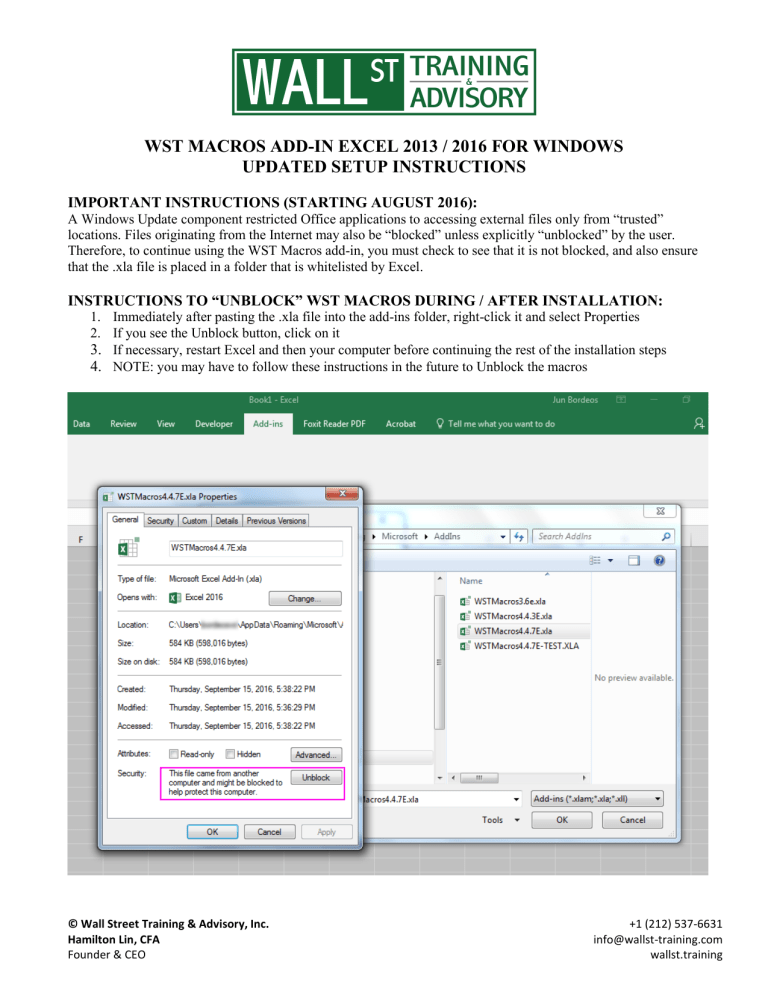 WST Macros Excel 2013/2016 Setup Guide