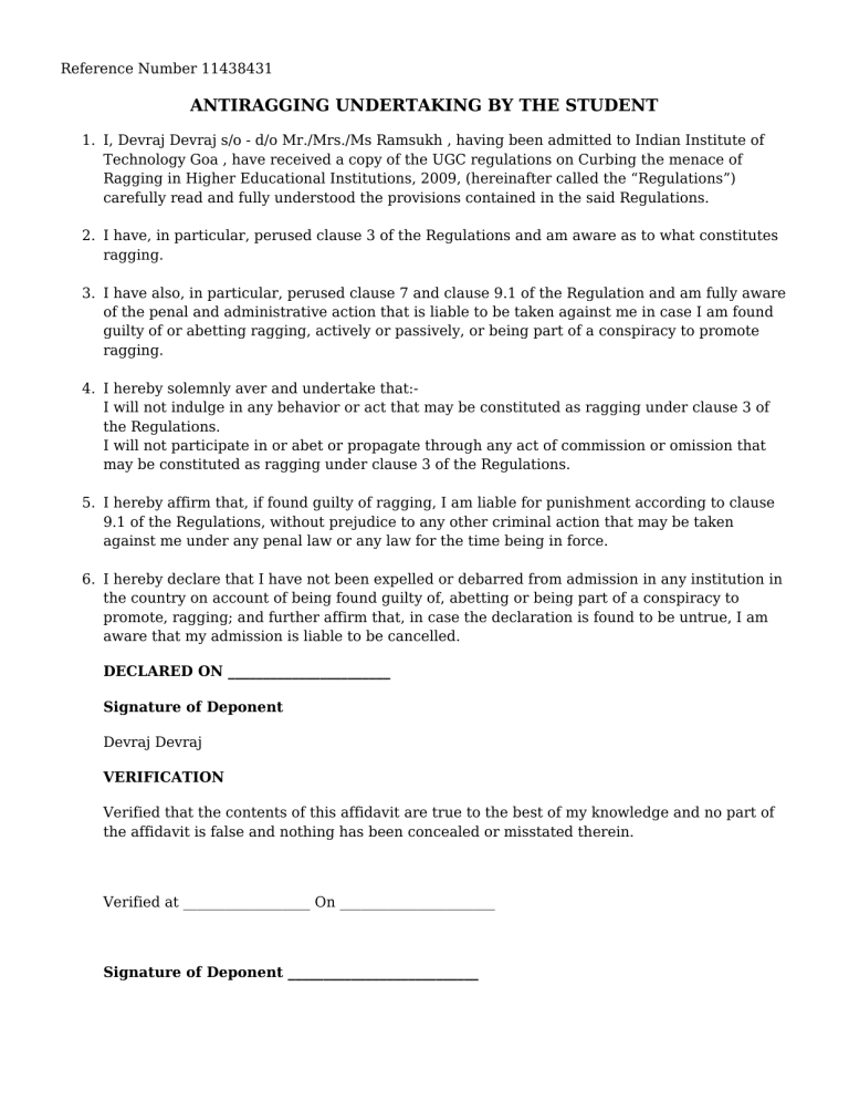 UGC Anti-Ragging Undertaking Form
