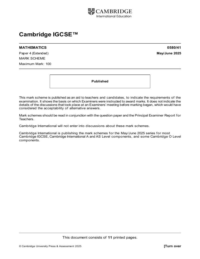 Cambridge IGCSE Mathematics 0580/41 Mark Scheme May/June 2025