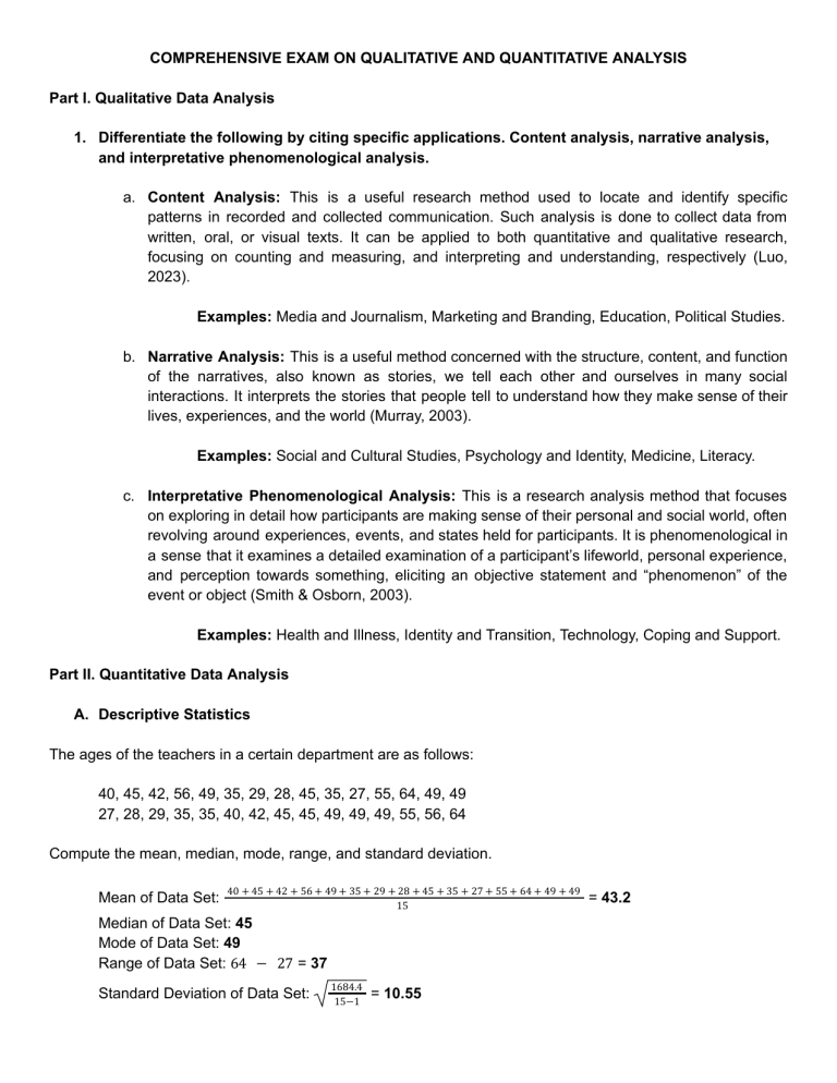 Comprehensive Exam on Qualitative and Quantitative Analysis