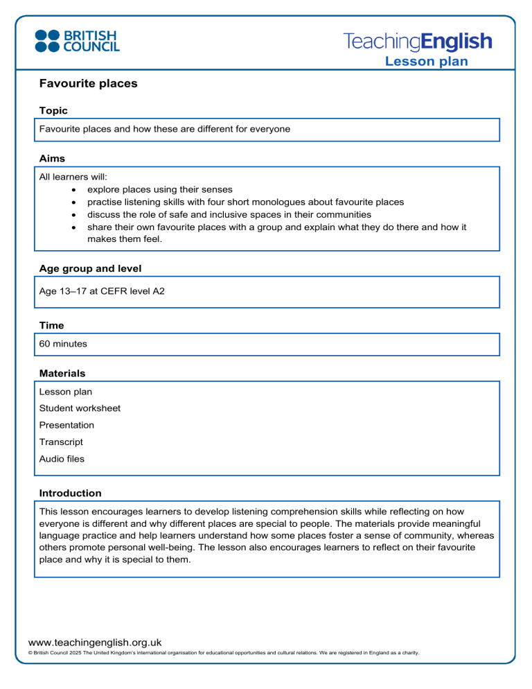 British Council Lesson Plan: Favourite Places (A2)