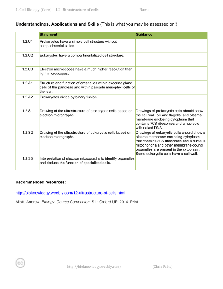 Cell Biology Ultrastructure Worksheet
