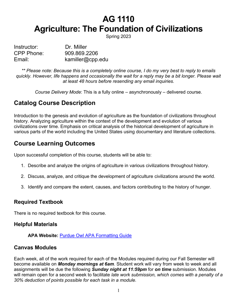 AG 1110 Agriculture Syllabus Spring 2023
