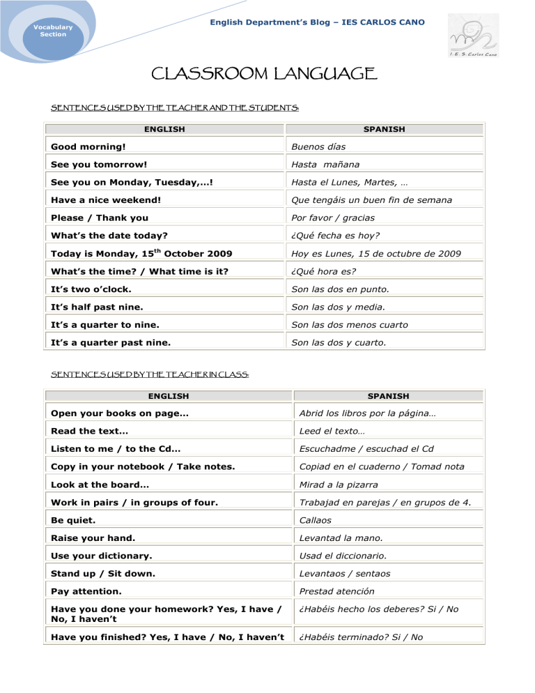 Lenguaje del Aula: Vocabulario Inglés-Español